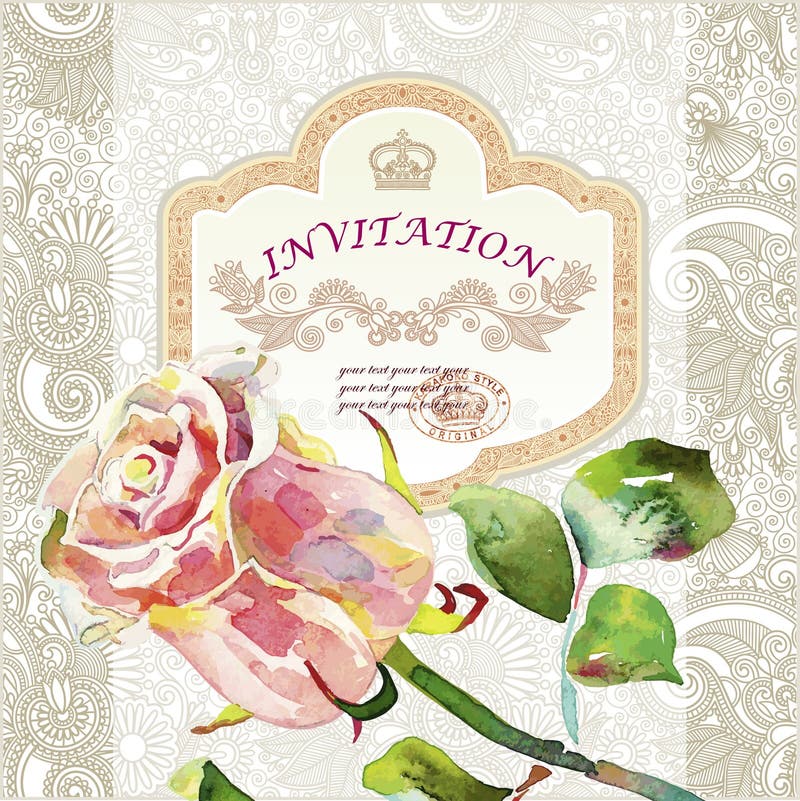 Ornate Floral Pattern with Pink Watercolor Rose Stock Vector ...