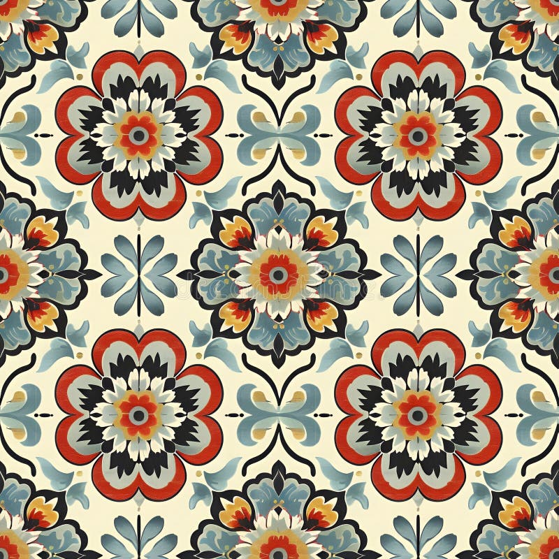 Ornate Floral Pattern in Red Blue and Yellow Stock Illustration - Illustration of design ...
