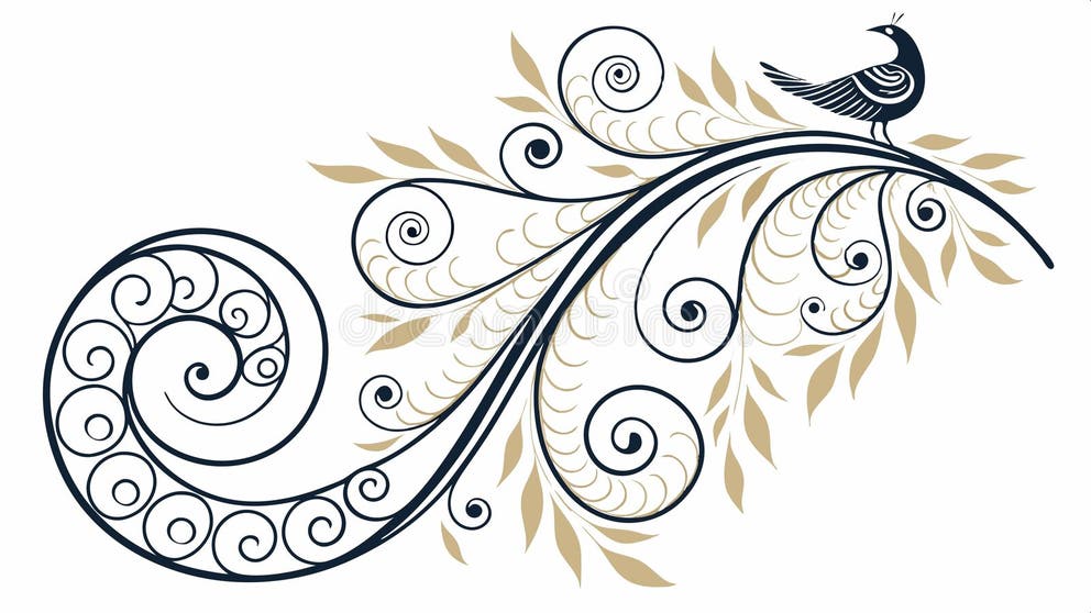 Ornate Floral Scroll Design Element with Small Bird Flourish Vector ...