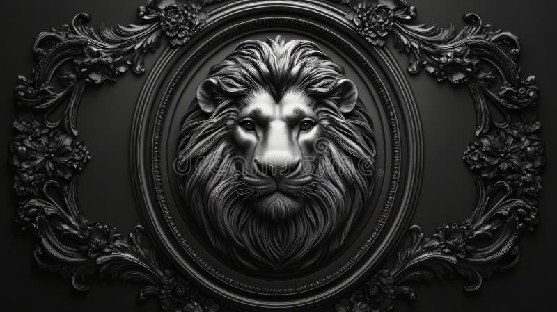Ornate Frame Enclosing a Stone Lion Head, Positioned on a Dark ...