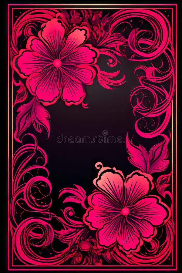 An Ornate Frame with Pink Flowers on a Black Background Stock ...