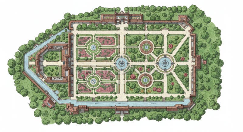 Ornate Garden Plan Featuring a Symmetrical Layout with Four Main ...