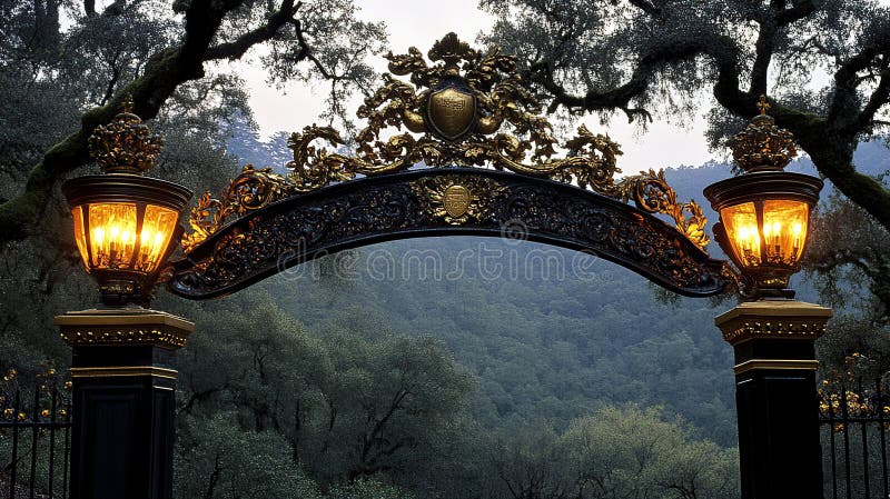 Ornate Gate, Illuminated, Forest Backdrop, Entrance, Dusk Stock Image ...
