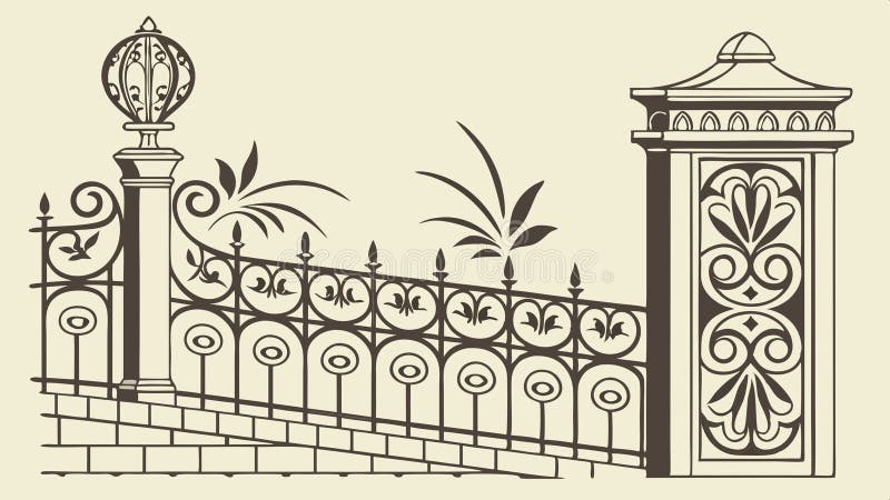 Ornate Gate Illustration with Pillar and Decorative Patterns Vector ...