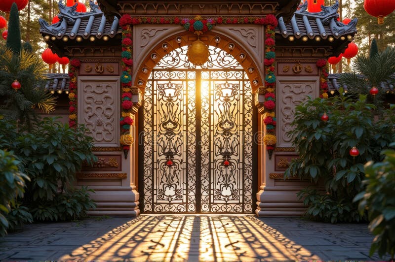 Ornate Gate in Sunlit Oriental Garden with Traditional Decor Stock ...