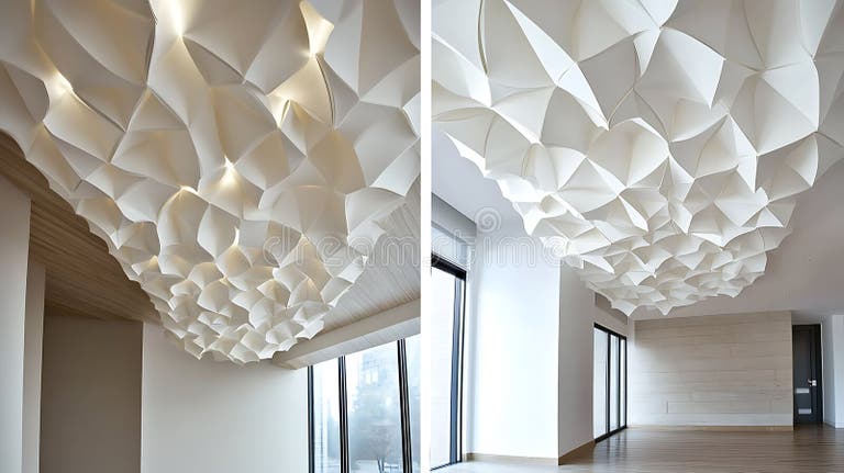 Abstract White Geometric Ceiling Installation with Interior Lighting in ...