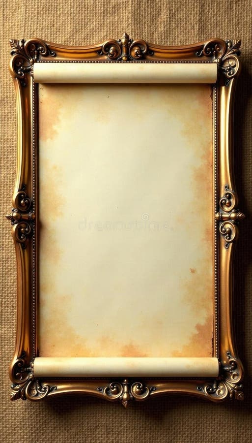 Ornate Gilded Frame, Blank Aged Scroll, Burlap Backdrop, Scroll ...