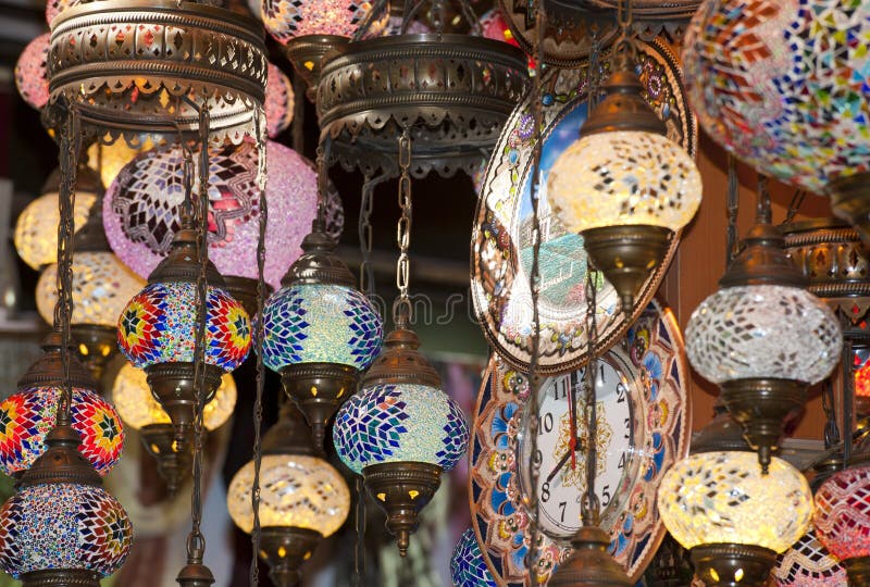 Ornate Glass Lights at Market Stall Stock Photo - Image of light ...
