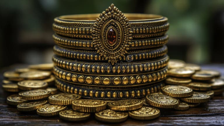 Ornate Gold Bangles Stacked with a Central Ruby Jewel Amidst Gold Coins Stock Illustration ...