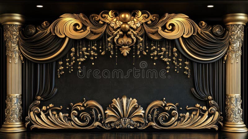 Luxurious Stage with Gold and Black Curtains, Sparkling Lights, and ...