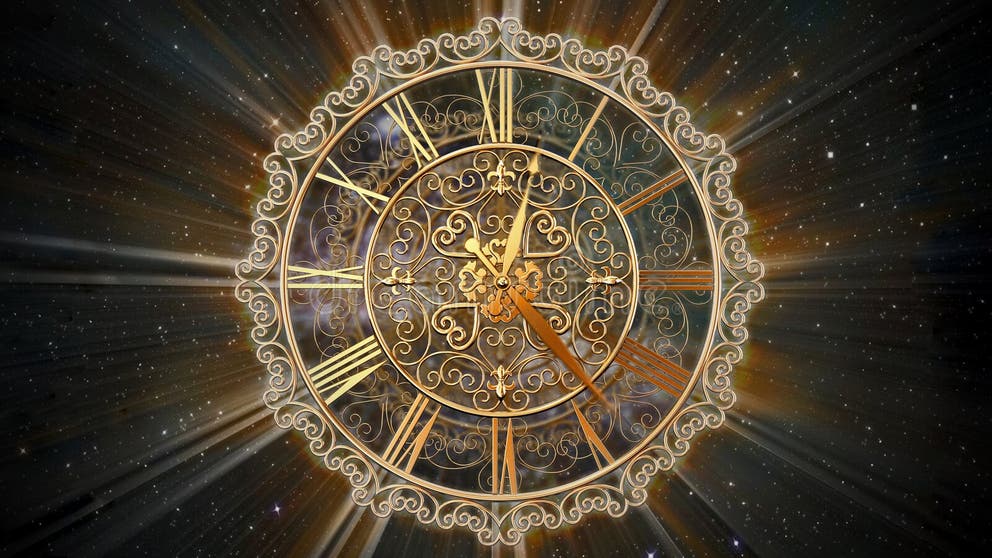 Ornate Gold Clock and Faces with Light Effects on Space Background ...