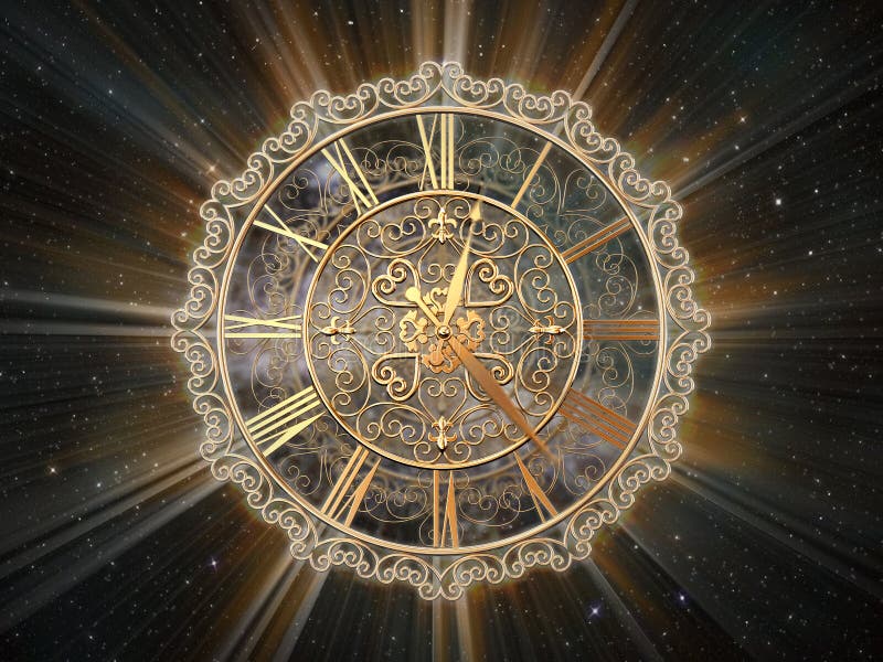 Ornate Gold Clock and Faces with Light Effects on Space Background ...