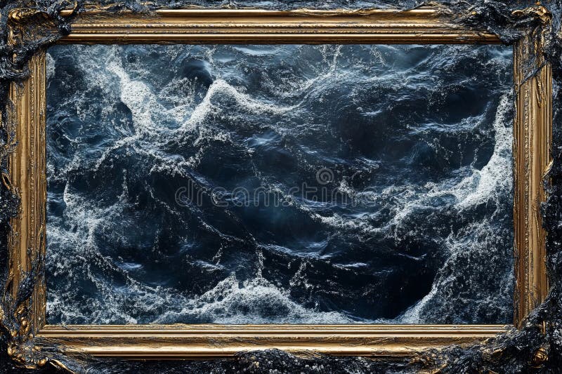Ornate Gold Frame Encasing a Dynamic Ocean Wave Scene with Rich ...