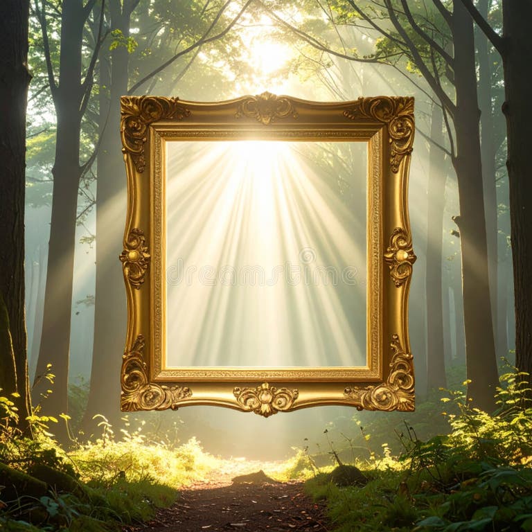 Ornate Gold Frame Floating in a Forest with Sunlight Streaming through ...