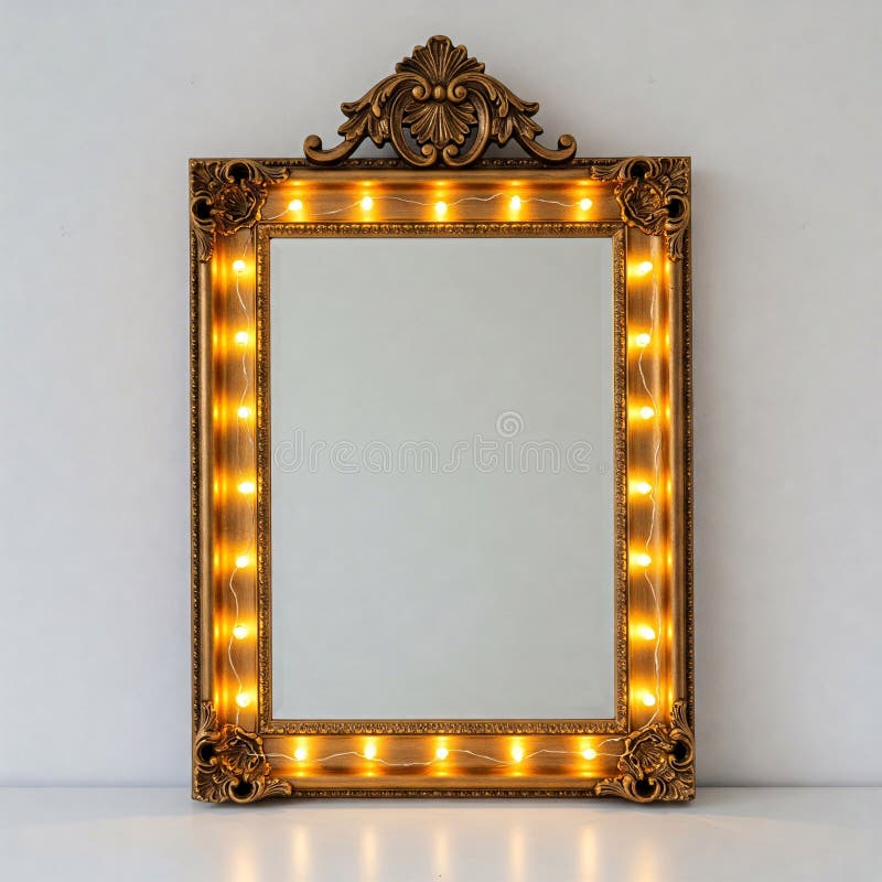 Ornate Gold Frame Mirror with Lights on a White Wall. Decoration, Interior, Reflection, Elegant ...