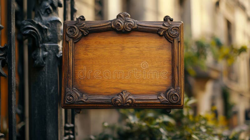 Ornate Gold Frame Sign with Decorative Vintage Elements on Iron Gate ...
