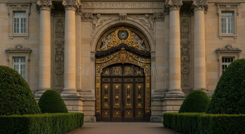 Ornate Gold Gate of Grand Stone Building Stock Illustration ...