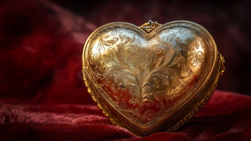 Ornate Gold Heart-Shaped Box on Red Velvet Stock Illustration ...