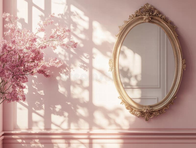 Ornate Gold Mirror with Pink Flowers and Sunlight Stock Photo - Image ...