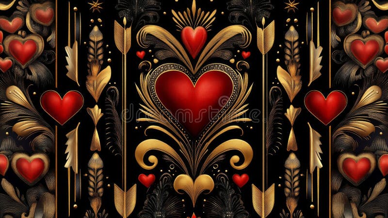Ornate Gold and Red Hearts Pattern with Arrows Stock Illustration ...