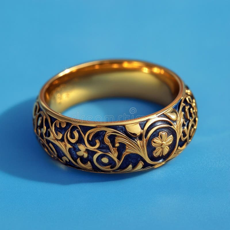 Ornate Gold Ring with Blue Enamel and Floral Patterns on Blue ...