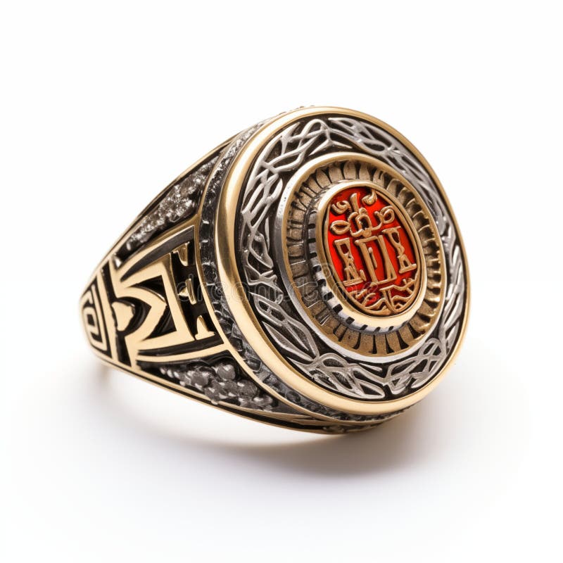 Ornate Gold and Silver Ring with Red Emblem on White Background Stock ...