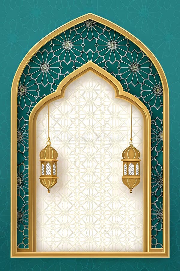 Ornate Gold and Teal Arch Frame Illustration with Lanterns. Stock ...
