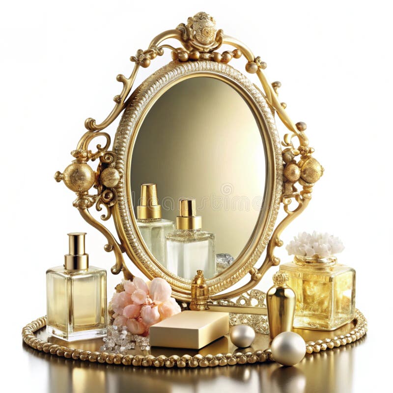 Ornate Gold Vanity Mirror with Perfume Bottles and Accessories Stock ...