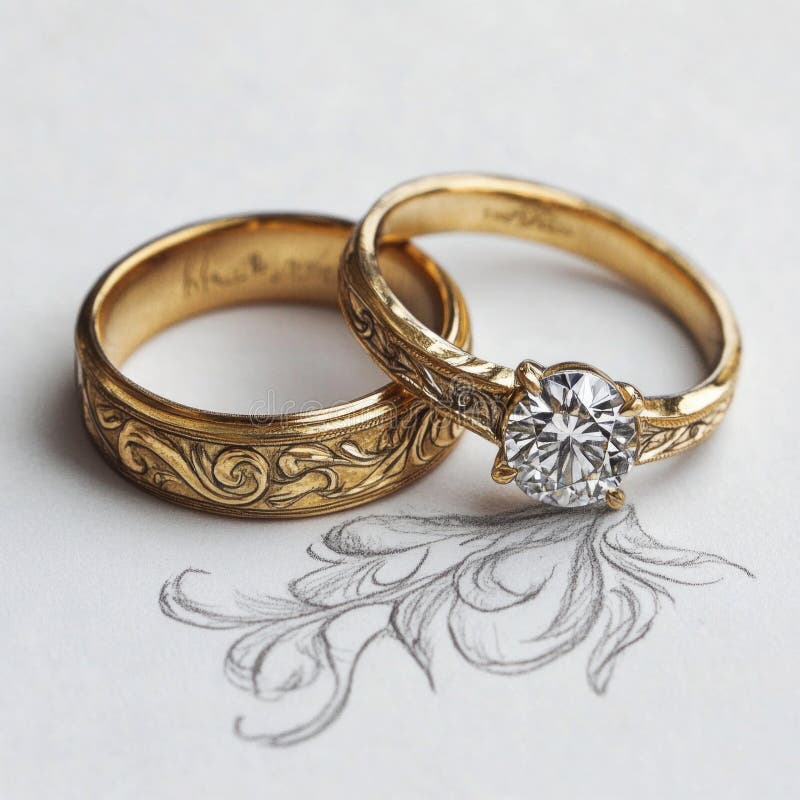 Ornate Gold Wedding Rings with Intricate Etching and Diamond Design ...