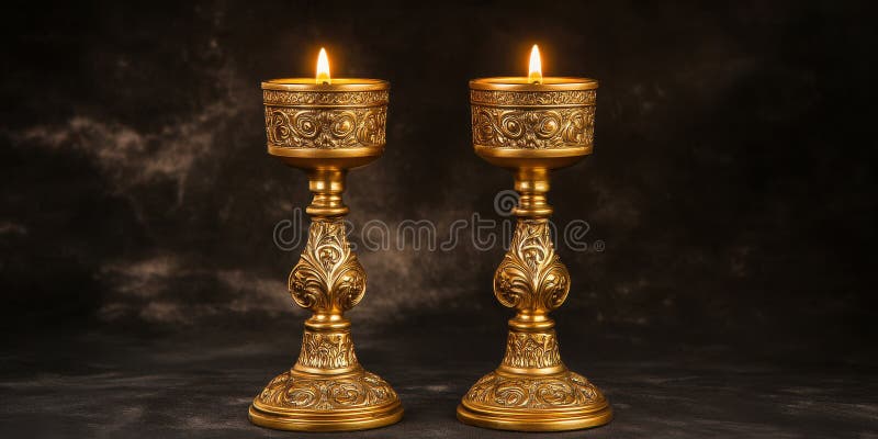 Ornate Golden Candlesticks with Burning Flames on a Dark Background ...