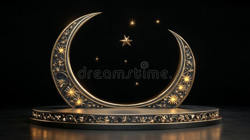 Ornate Golden Crescent Moon Display Stand with Stars Stock Illustration ...