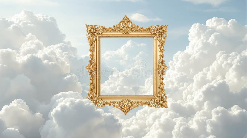 Ornate Golden Frame Floating in Cloudy Sky, Surreal Reflection Stock ...