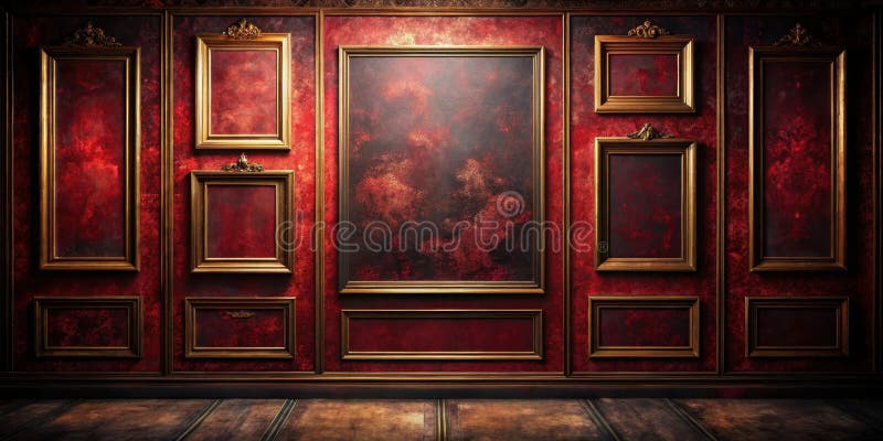 Ornate Golden Frames Adorn Deep Red Wall Panels in Elegant Interior ...