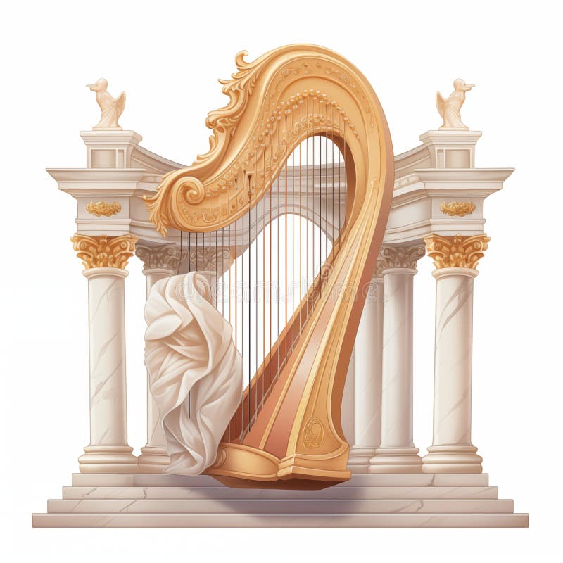 Ornate Golden Harp Placed in Front of Decorative Pillars with Classical ...