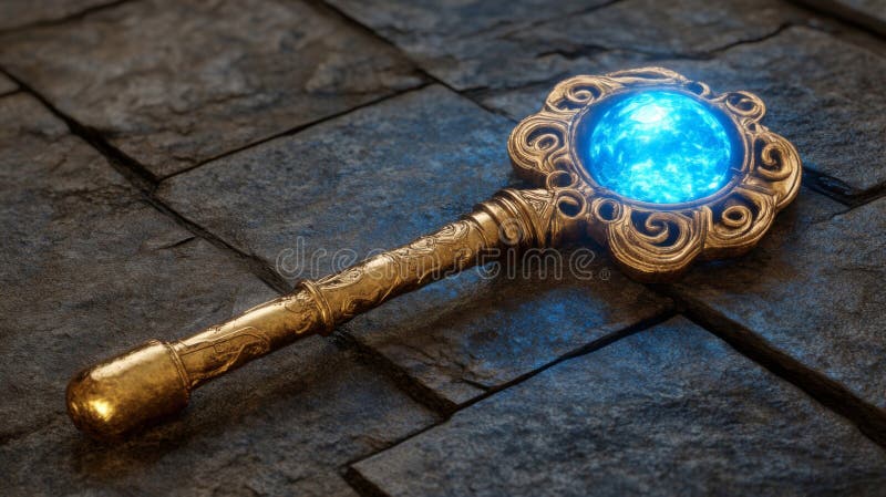 Ornate Golden Key with a Glowing Blue Gem on a Stone Surface Still Life ...