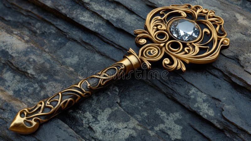 Ornate Golden Key with Intricate Carvings Resting on Gray Stone Texture ...