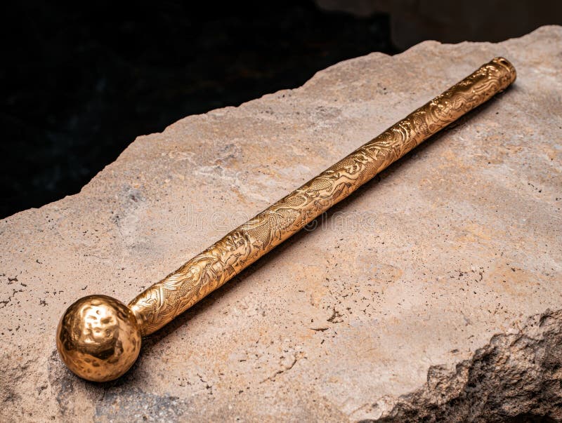 Ornate Golden Ritual Staff with a Hammered Ball Head Resting on a Stone ...