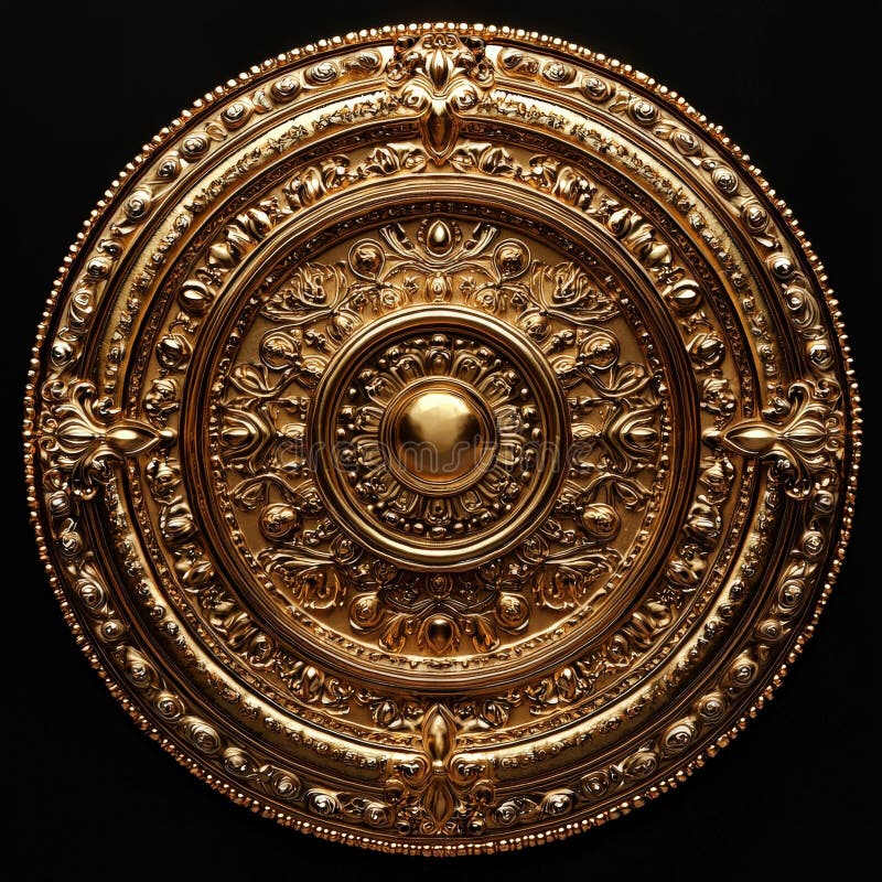 Ornate Golden Shield with Intricate Patterns on Dark Background Stock ...