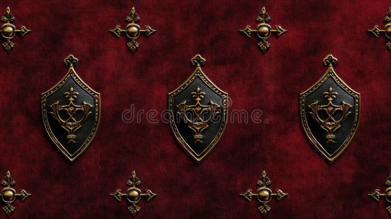 Ornate Golden Shields and Fleur-de-lis on Red Velvet Background Stock ...