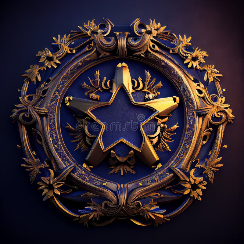 Ornate Golden Star Emblem Surrounded by Intricate Floral Patterns on a ...