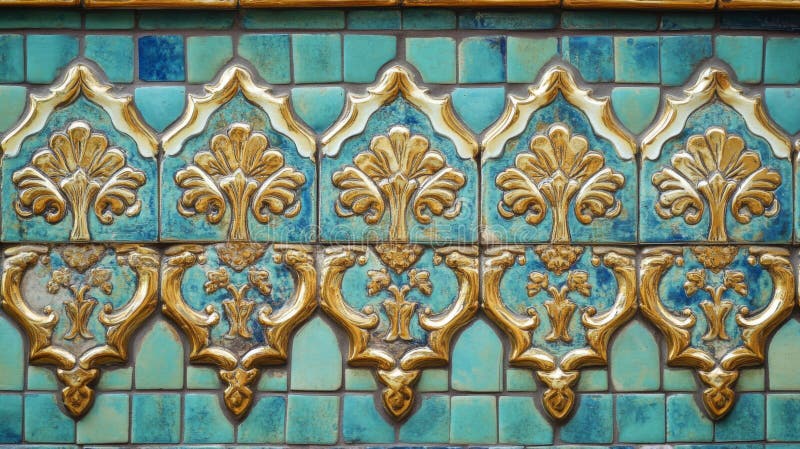 Ornate Golden and Teal Tile Pattern Stock Illustration - Illustration ...