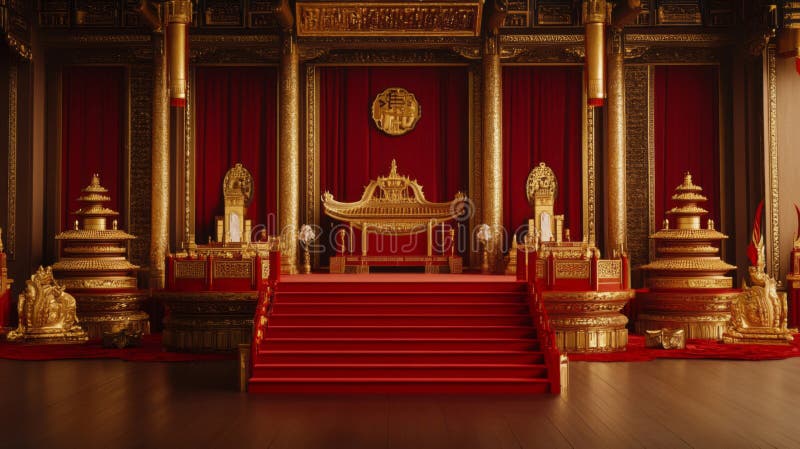 Ornate Golden Throne Room with Red Carpets and Stairs Stock ...