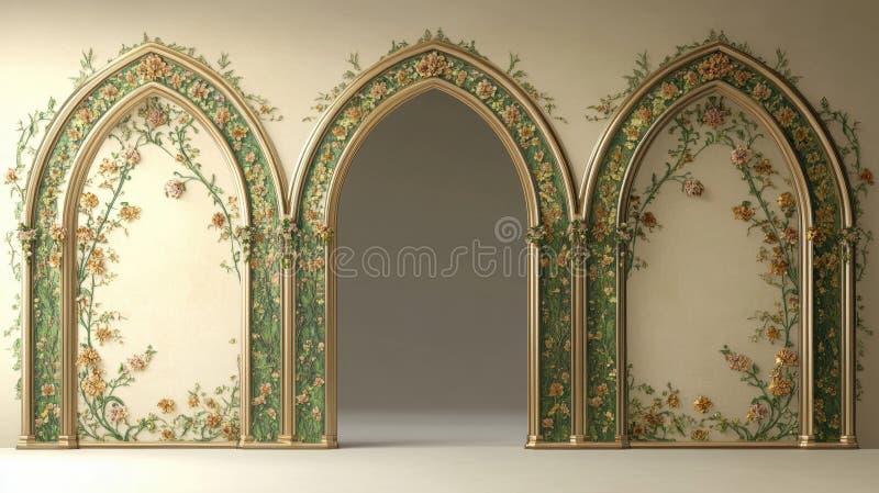 Ornate Gothic Arch Trio with Floral Patterns in Classical Interior ...