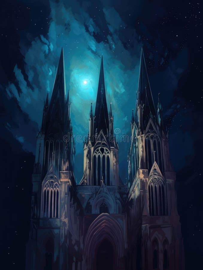 An Ornate Gothic Cathedral Spires Stretching Deep into the Night Sky ...