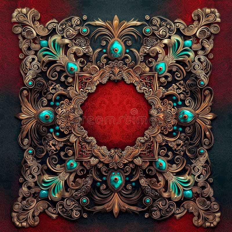Ornate Gothic Design with Turquoise and Ruby Gems on a Crimson ...