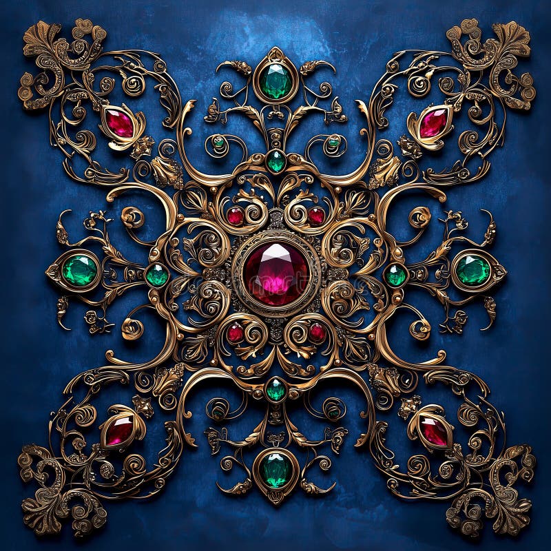 Ornate Gothic Square Pattern with Ruby and Emerald Gems and Golden ...