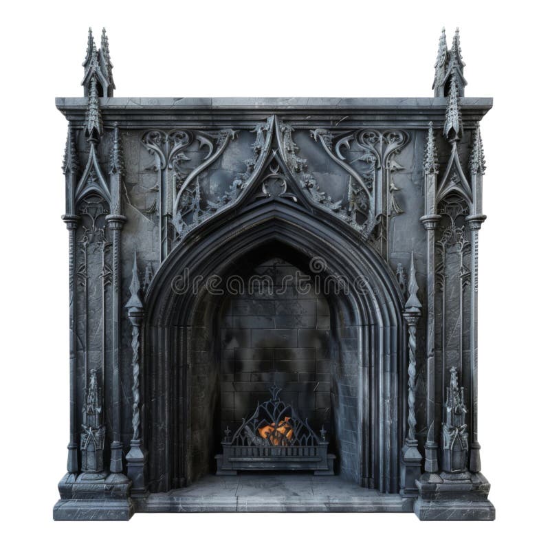 Ornate Gothic Stone Fireplace with Burning Fire Stock Photo ...