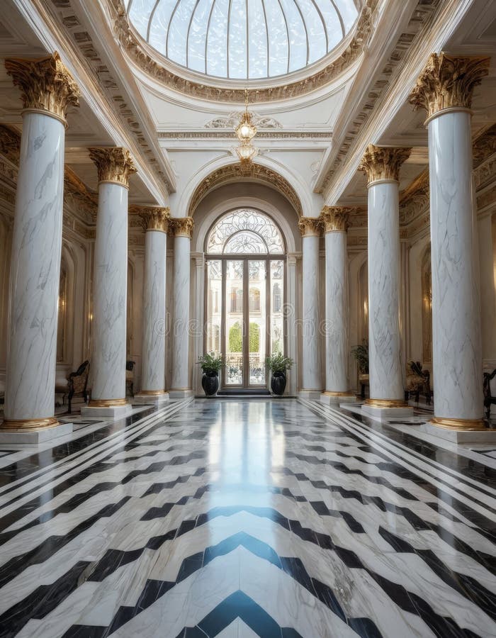 Ornate Grand Hall with Marble Columns and Patterned Floor Stock Image ...