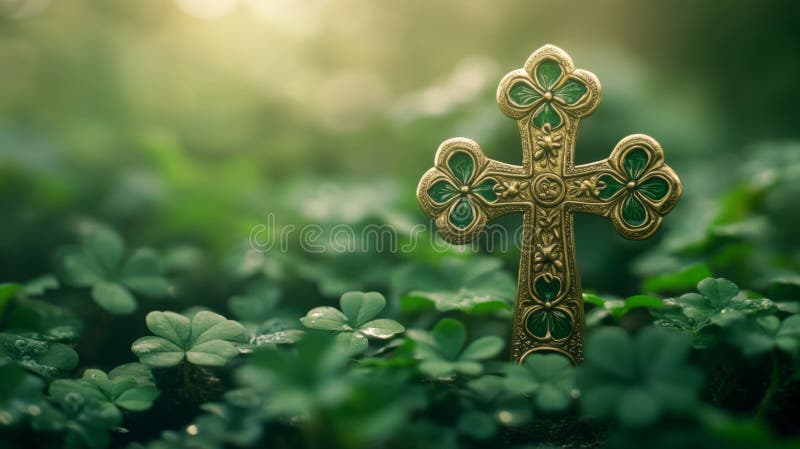 Ornate Green Cross Amidst Lush Clover Leaves Stock Illustration ...