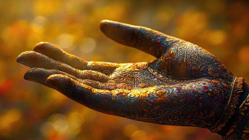 Ornate Hand, Gold, Blue, Intricate Patterns, Offering Gesture Stock ...
